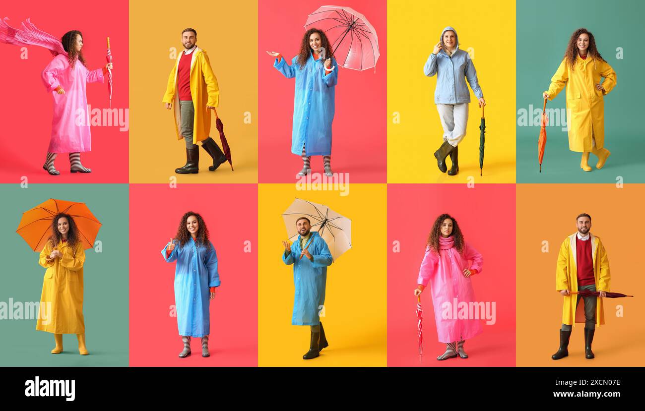 Group of people in stylish raincoats and with umbrellas on colorful ...