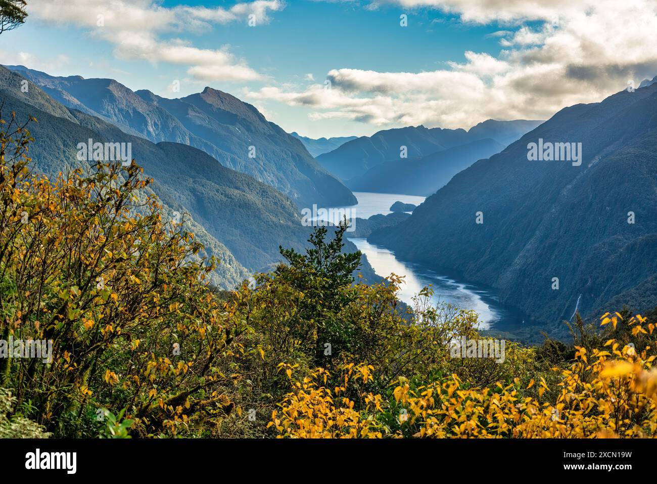 Deep cove in Doubtful Sound viewed from the top of the mountain Pass ...