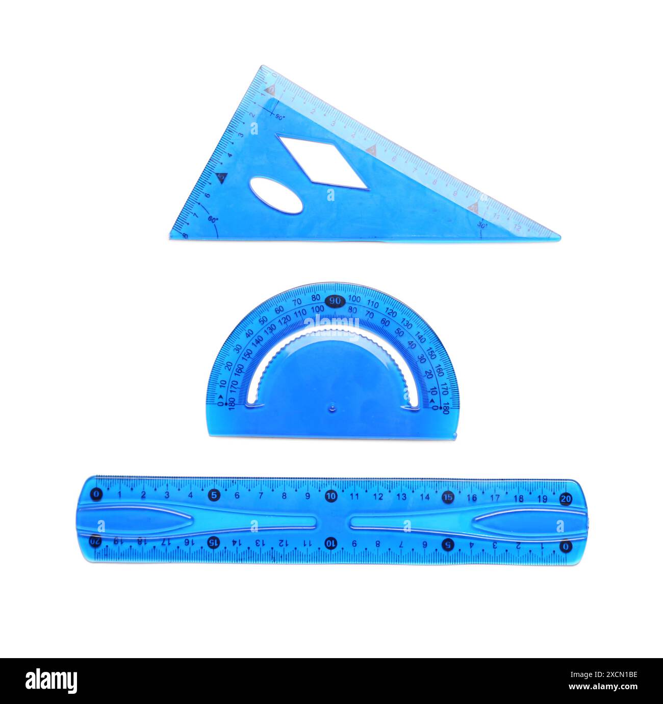 Blue straight and triangle plastic rulers with protractor on white ...