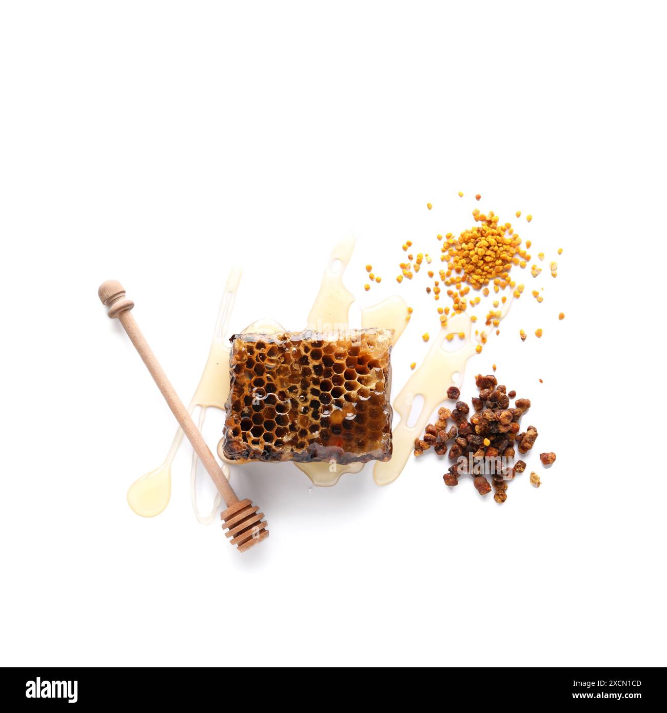 Sweet honeycomb, beebread and bee pollen on white background Stock ...