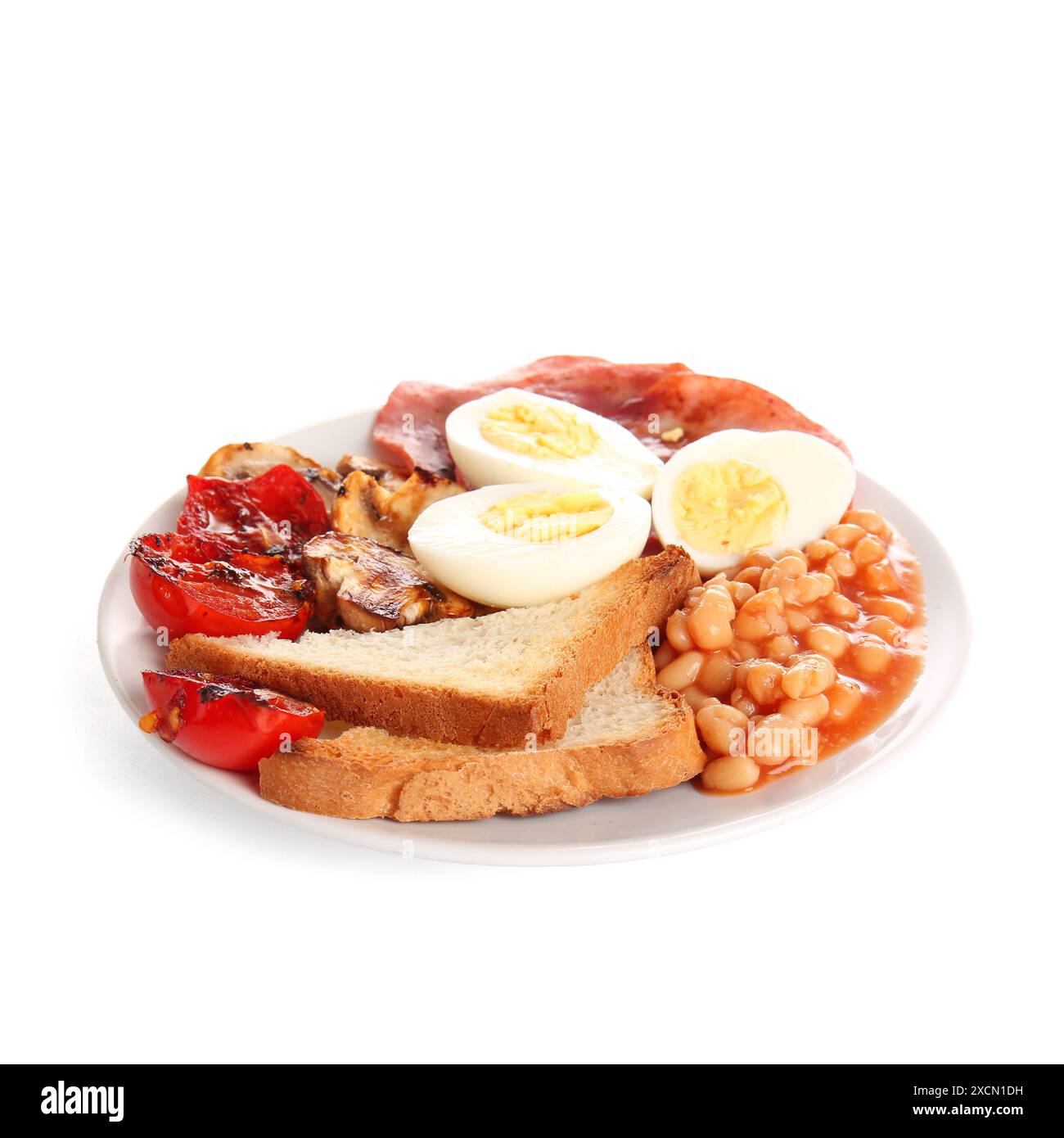 Plate of tasty English breakfast with boiled eggs on white background ...