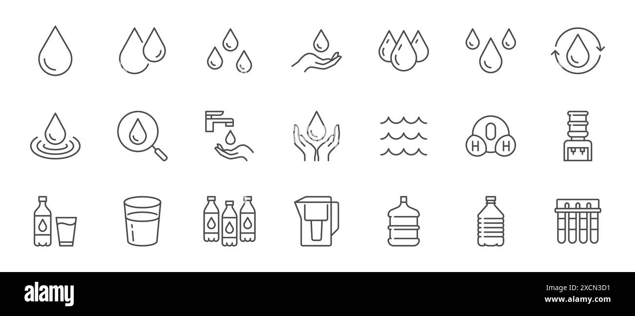 Water line icon set. Rain drops, glass, H2O molecule, purification ...