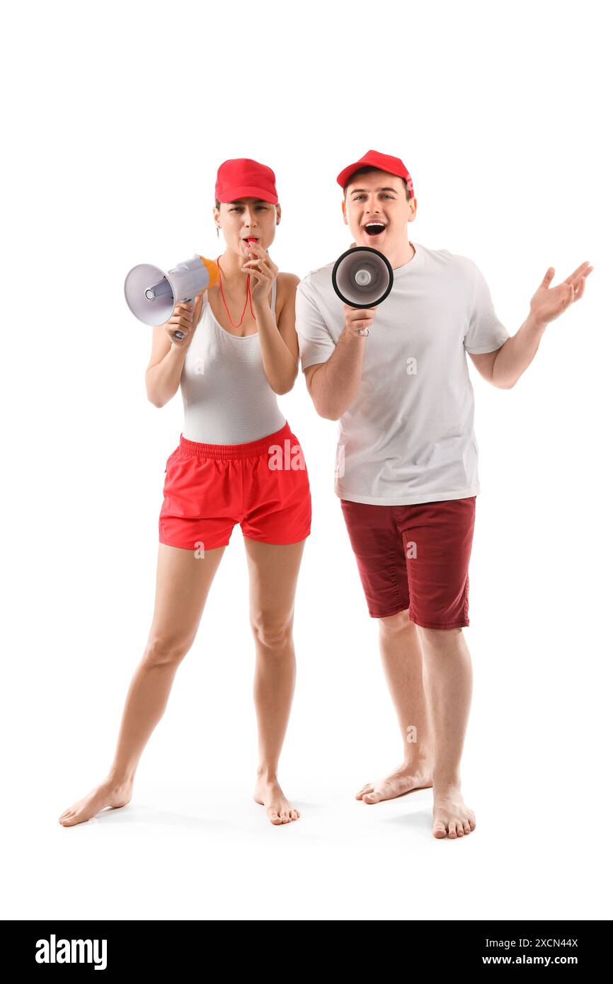Lifeguards with megaphones isolated on white background Stock Photo - Alamy