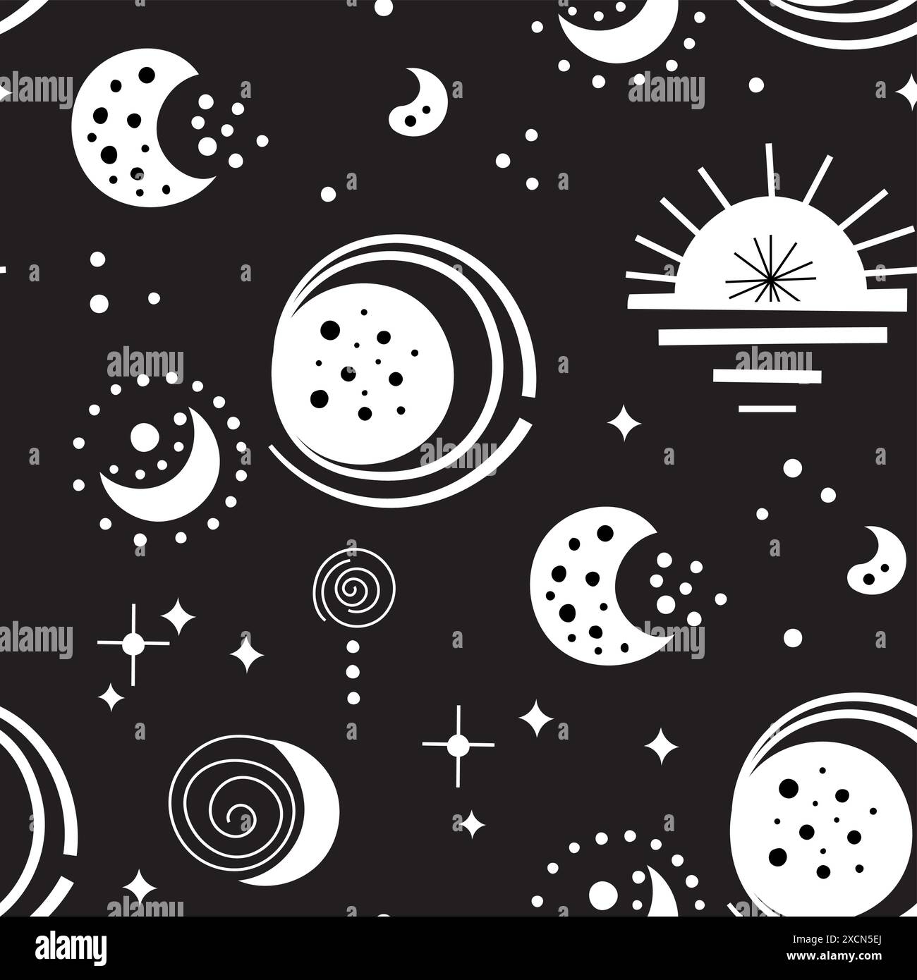 Seamless neo folk patterns with moon, cloud, sun and stars, black and ...