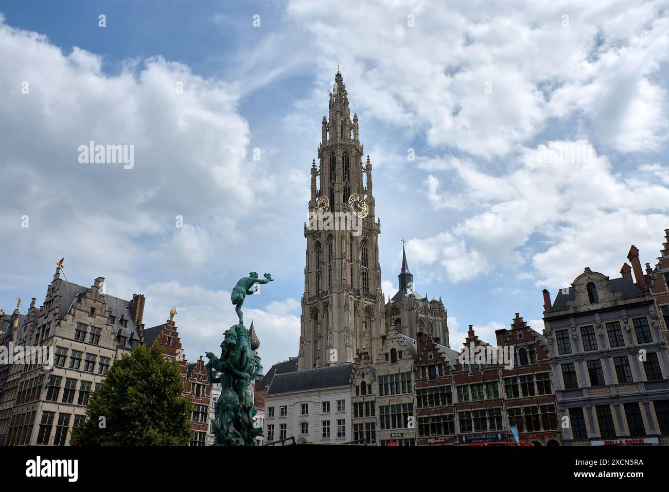 Bell tower and Gothic facade of the Cathedral of Our Lady in Antwerp ...