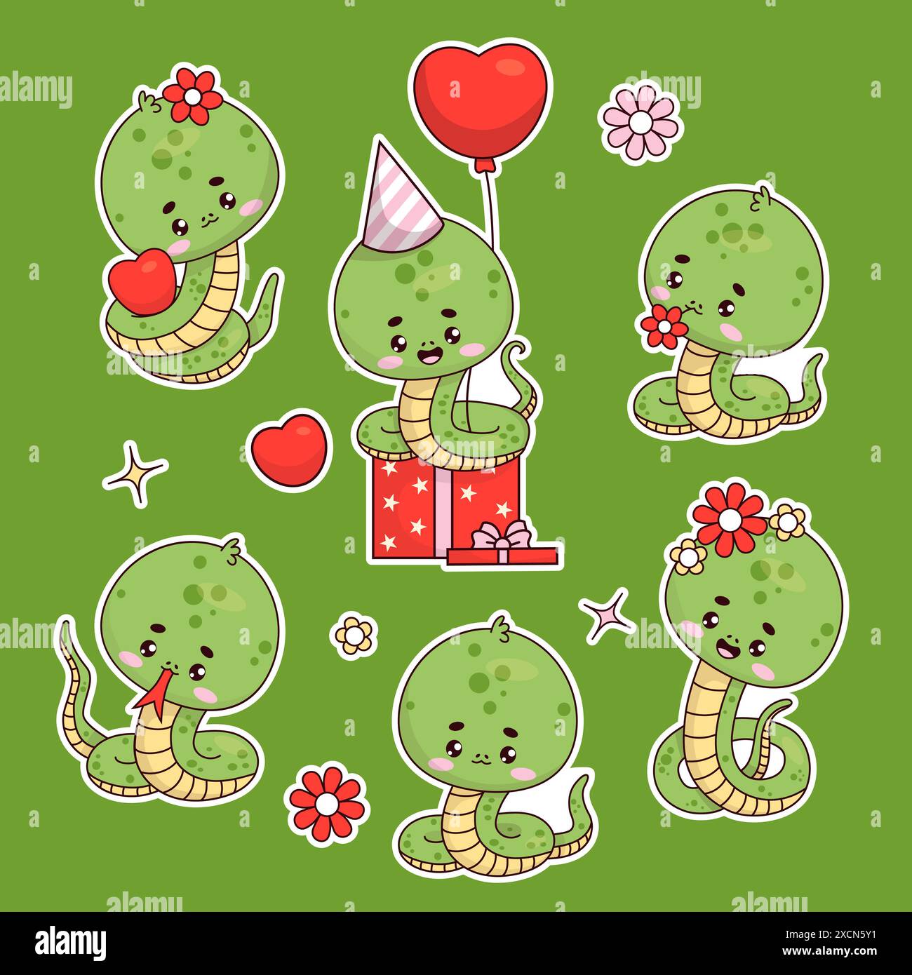 Cute snake. Sticker collection. Funny reptile kawaii character. Vector ...