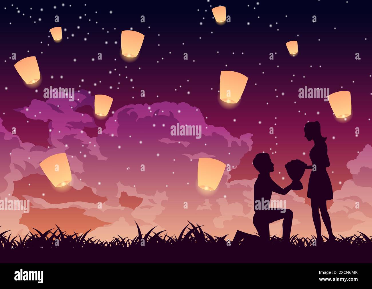 man sit and send flower to his girl,lantern above,concept art,vector ...