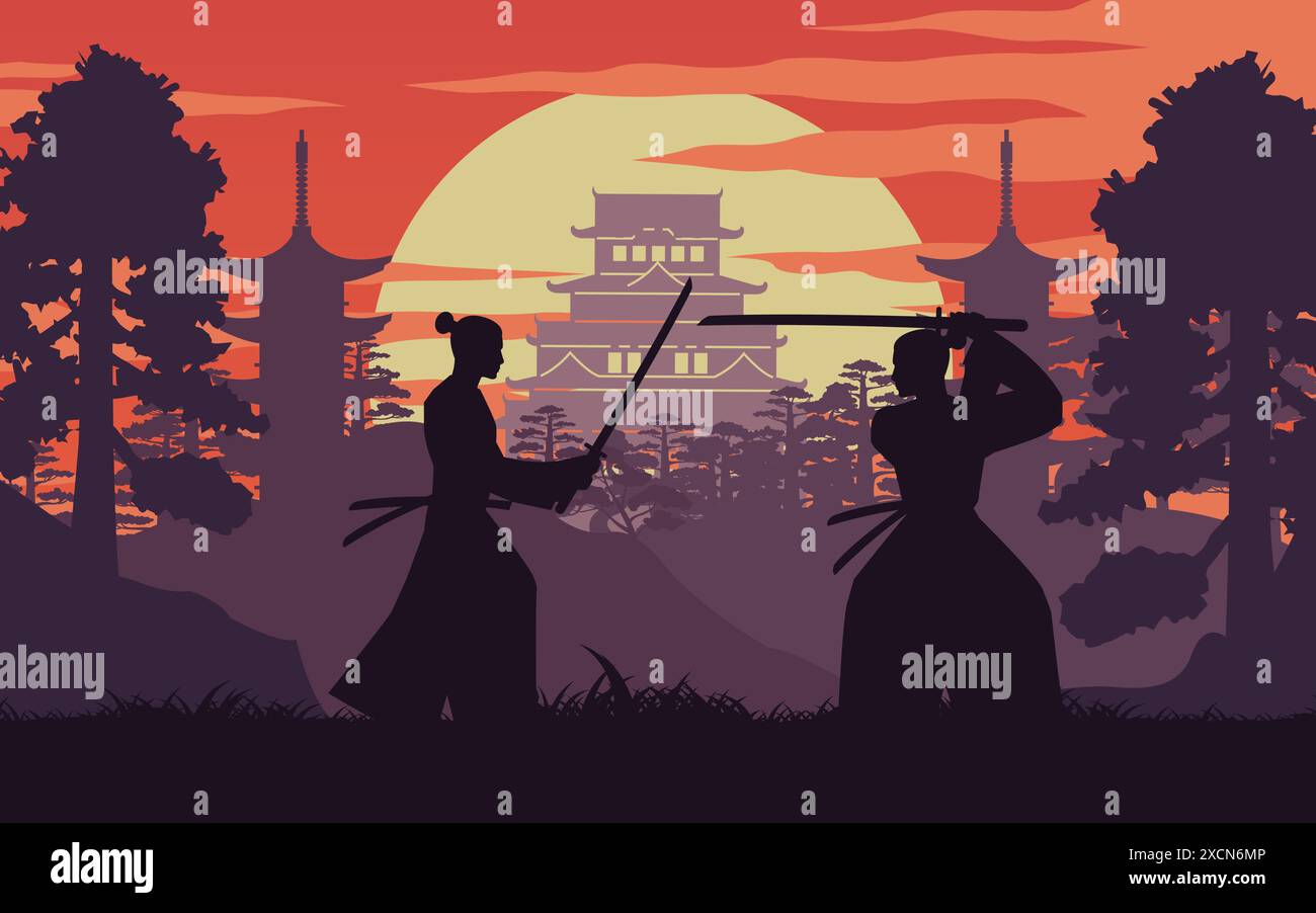 Silhouette design of Samurai warrior of Japan are fighting,vector ...