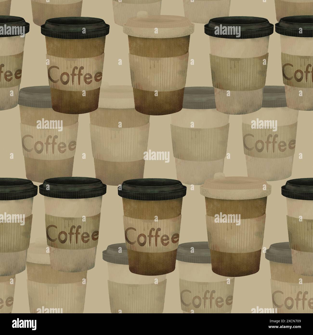 Digital art of coffee cups with lids in patterns. Neutral colors and ...