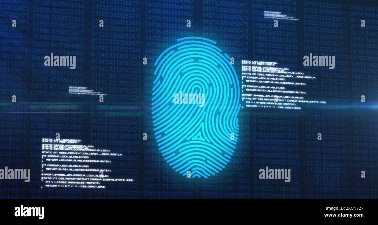 Image of fingerprint scanning with lens flare and computer language over blurred binary codes ...