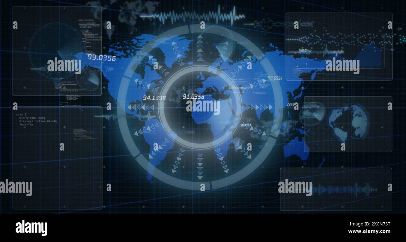 Image of scope scanning and data processing and world map on black background Stock Photo - Alamy