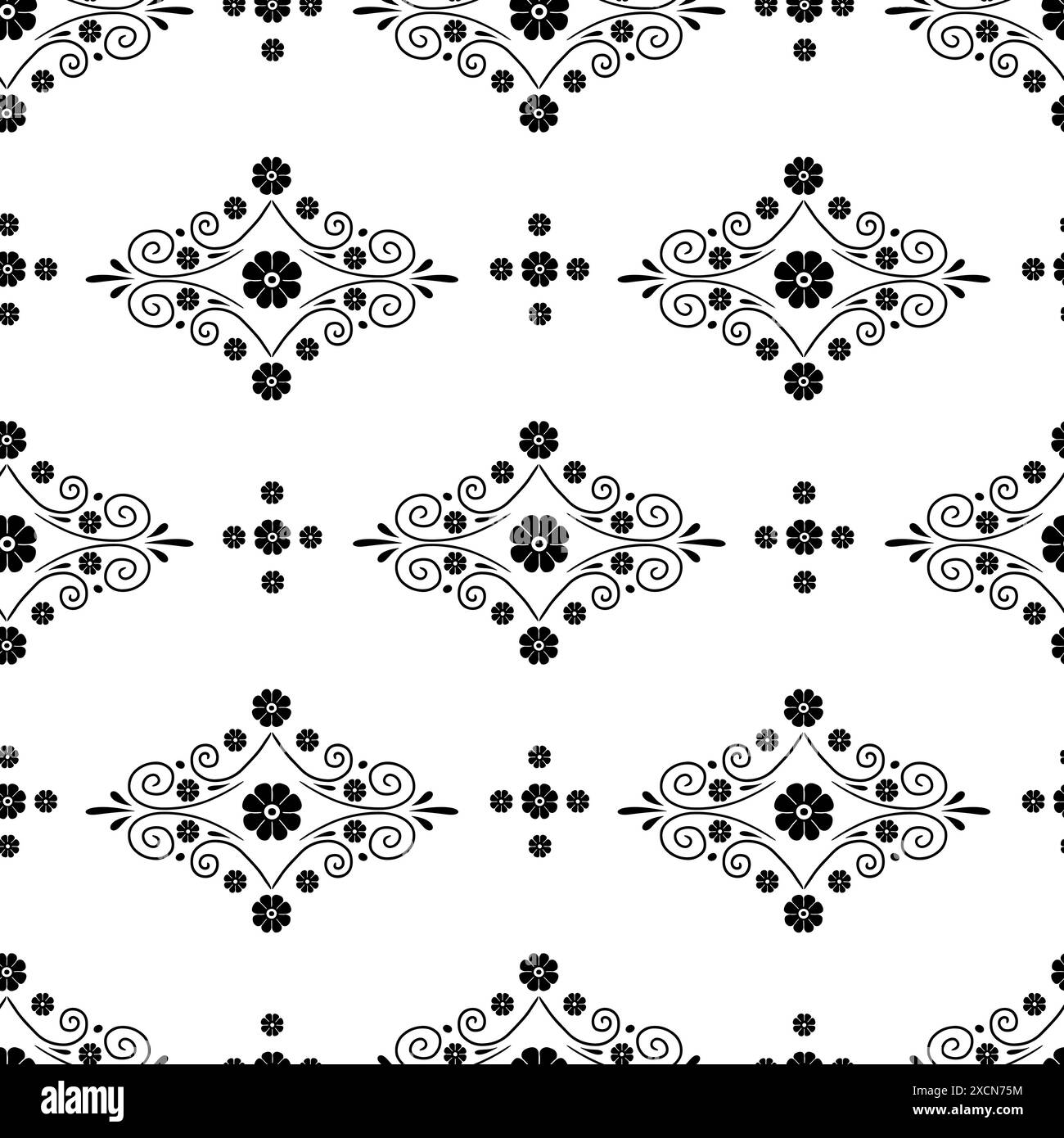 Seamless pattern with black swirls and small flowers on white ...