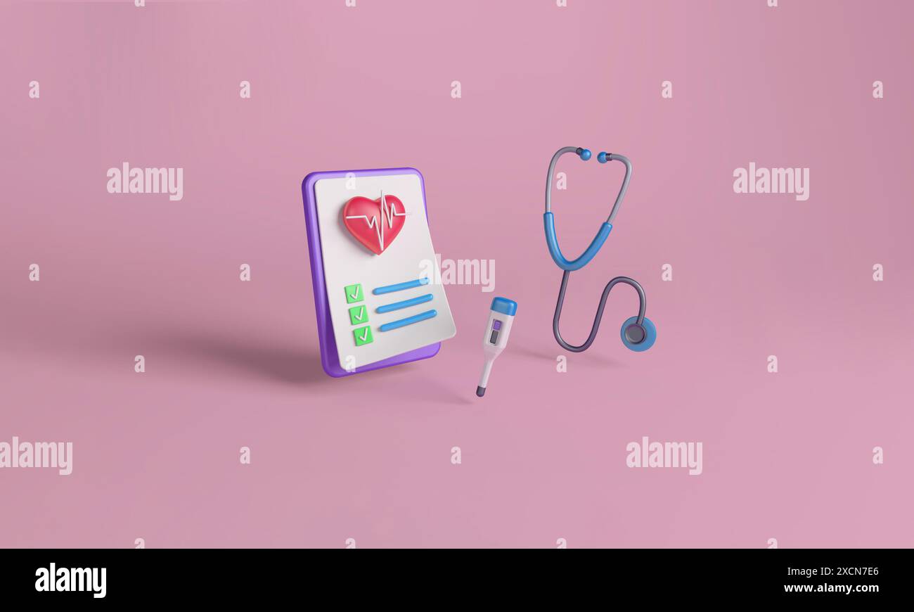 3D illustration of a health chart with a heart symbol, stethoscope, and ...