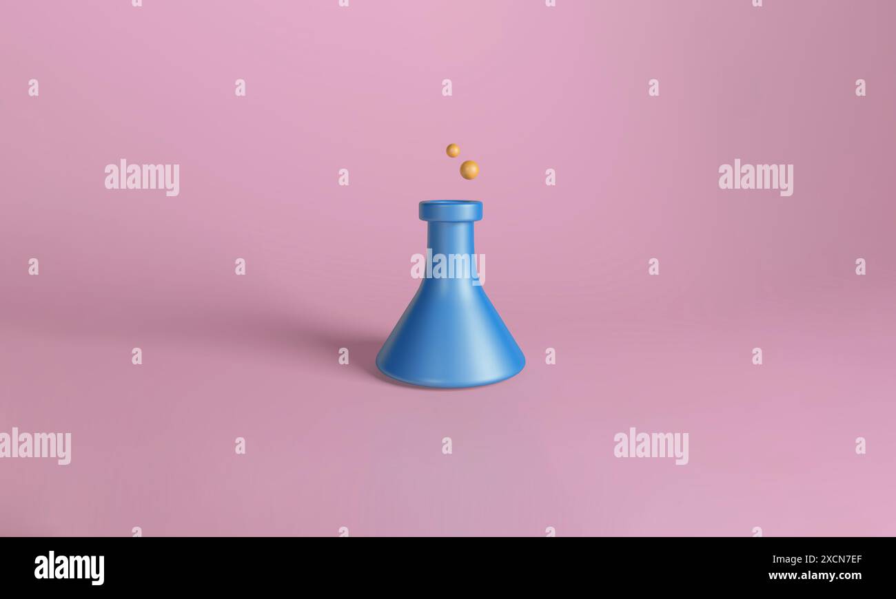 3D illustration of a blue laboratory flask with floating yellow ...