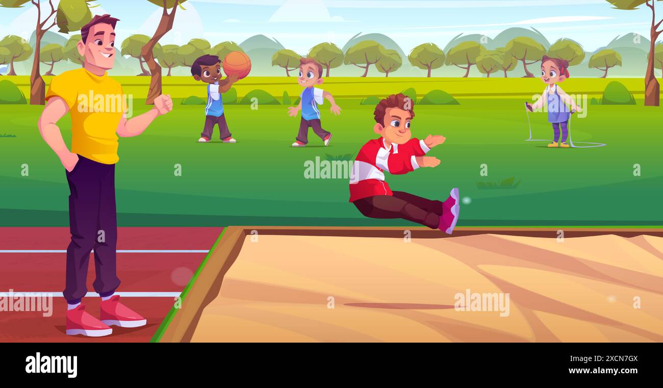 Father supporting son doing long jump. Vector cartoon illustration of ...