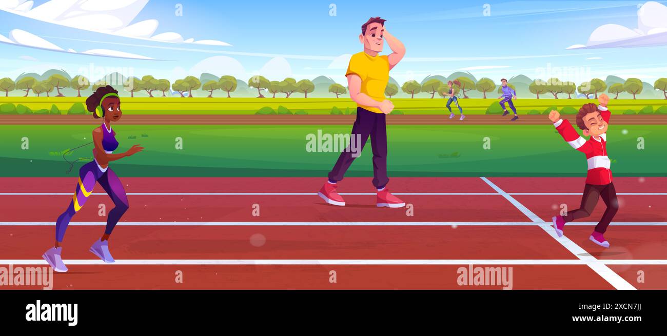 Active people running on stadium. Vector cartoon illustration of slim ...
