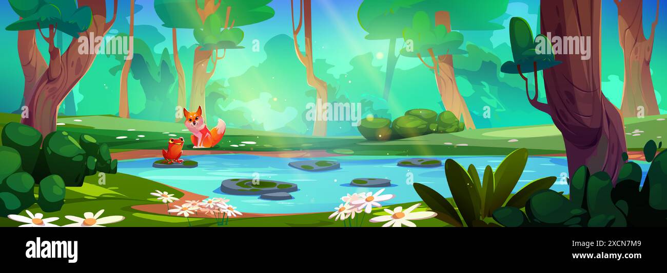 Frog and fox near summer forest lake. Vector cartoon illustration of ...