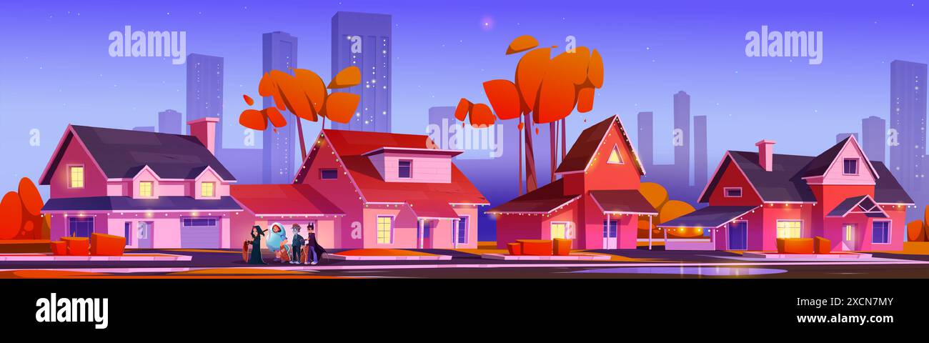 Kid friends in Halloween carnival costumes walking suburban street ...