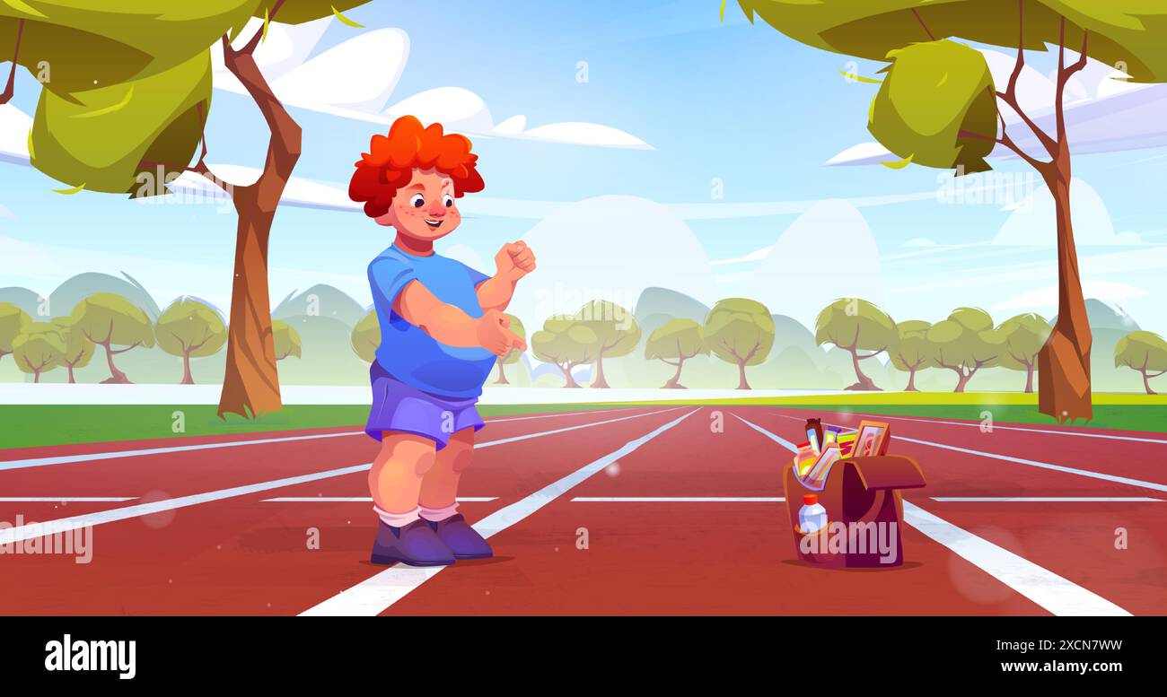 Fat boy on run track eat junk food cartoon vector. Overweight kid ...