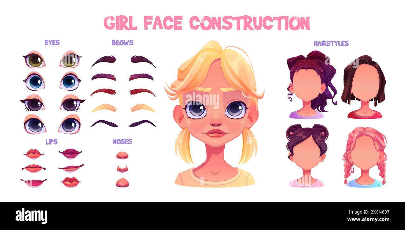 Girl character face construction for cartoon avatar set. Female kid ...