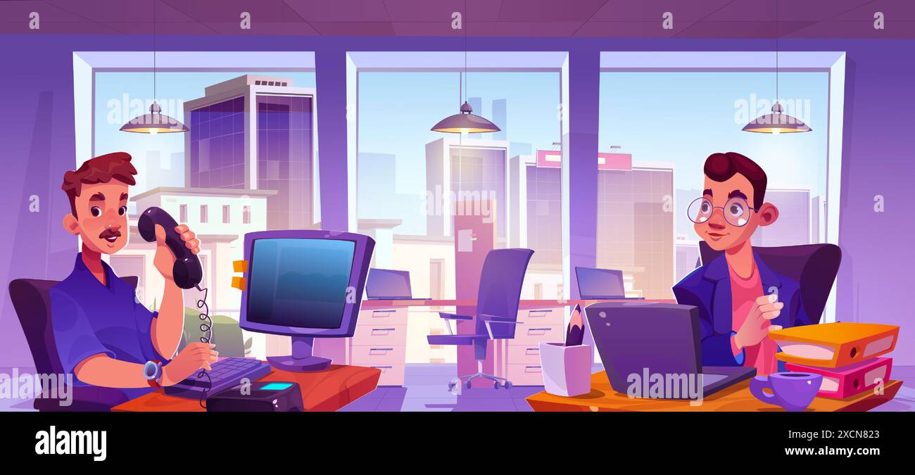 Male worker characters in business office with desk and chair ...