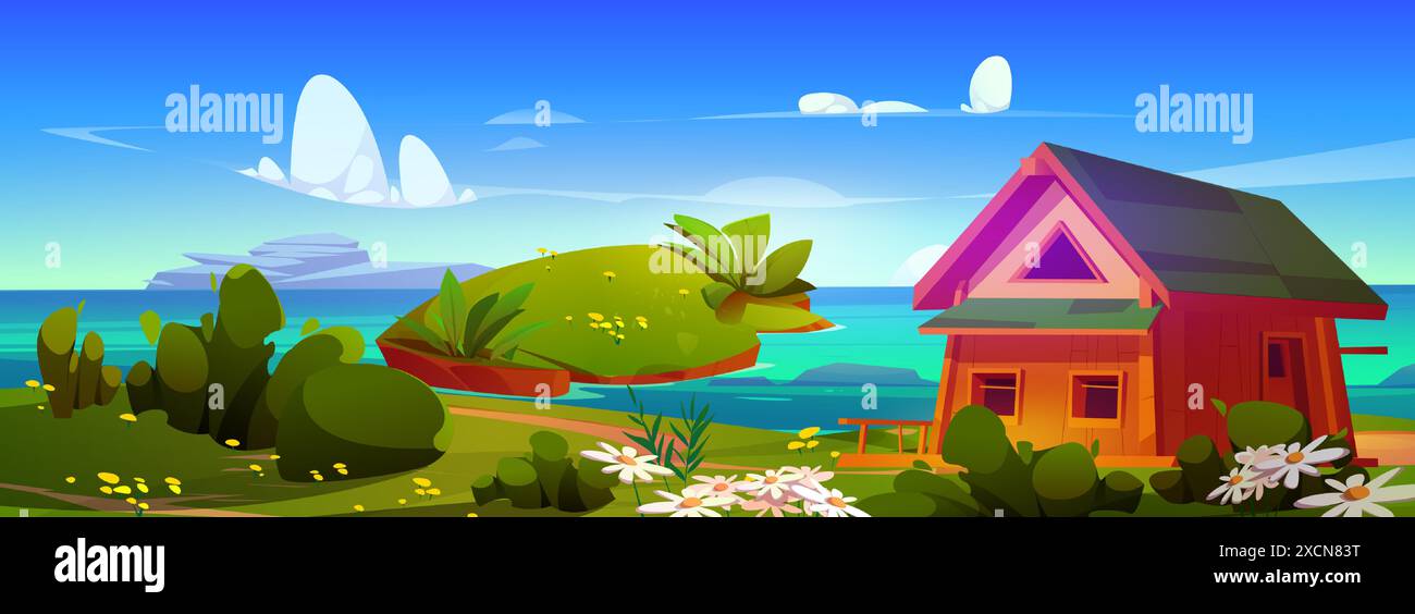 Cute wooden house on shore of sea or lake. Little cottage made from ...