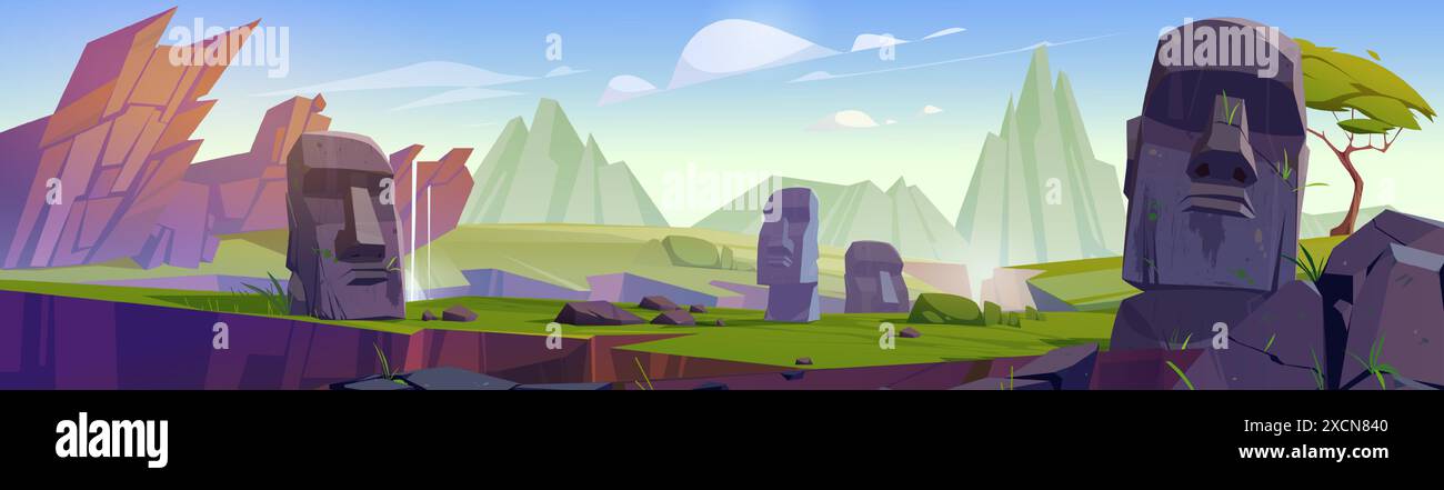 Ancient mayan civilization stone head sculpture ruins on valley with ...