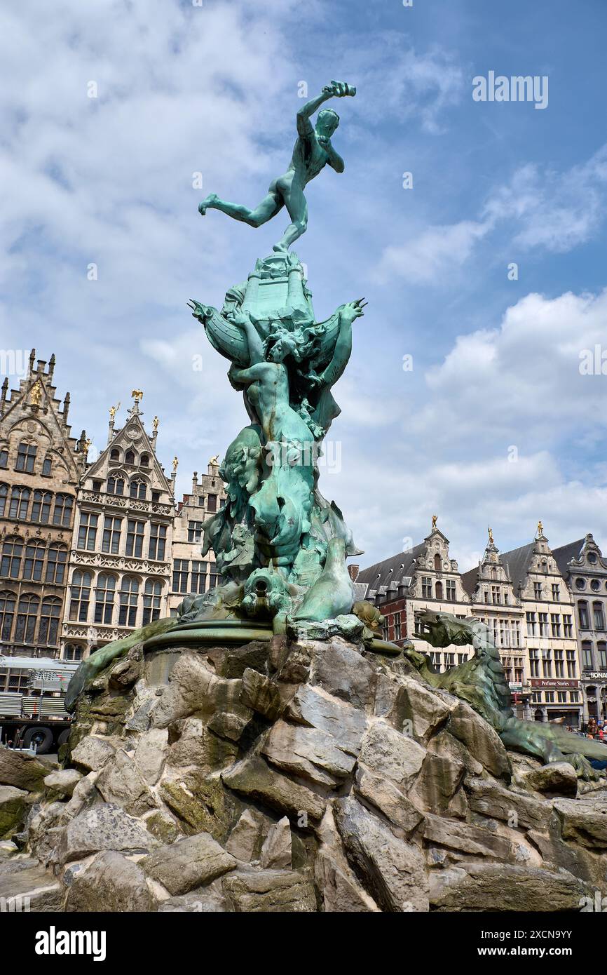 Green bronze Brabo statue on Grote Markt. Detail about throwing the ...