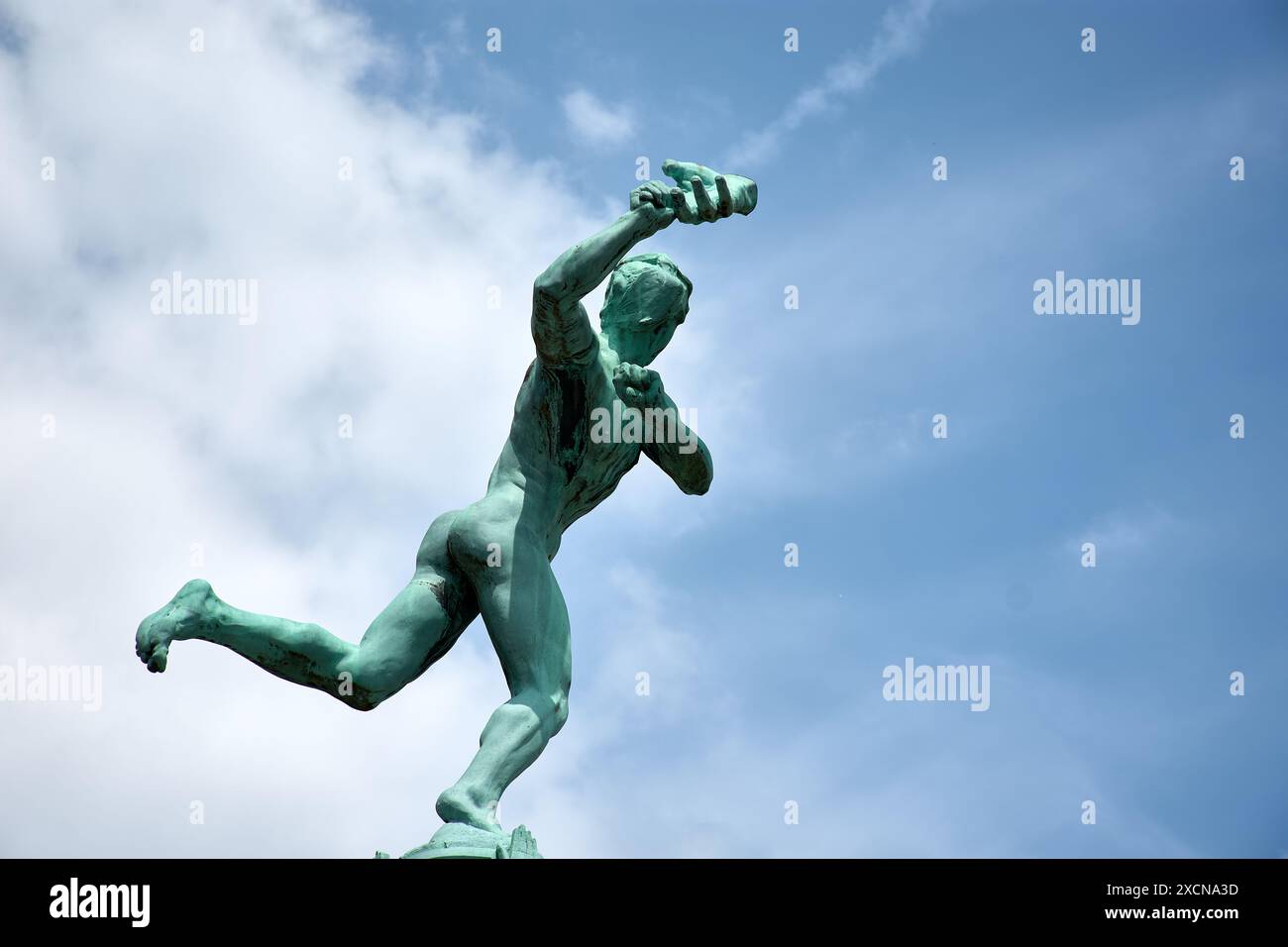 Green bronze Brabo statue on Grote Markt. Detail about throwing the ...