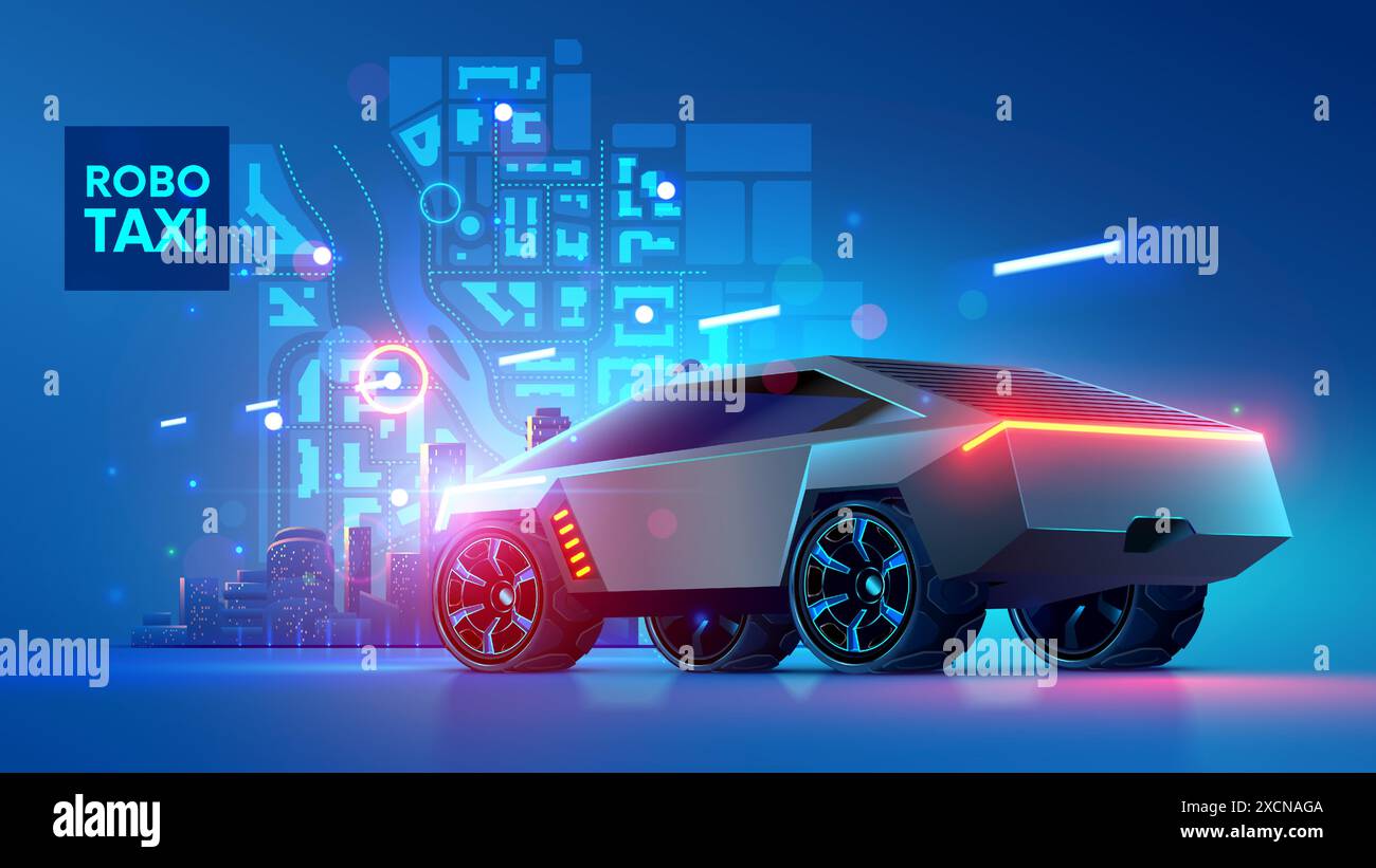 Autonomous robotic taxi stands against background of smart city ...