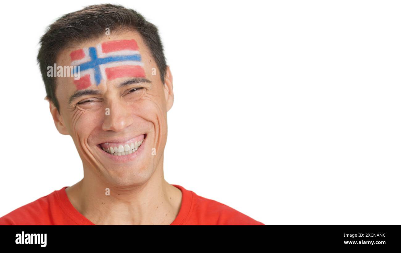 Man with a norwegian flag painted on the face smiling Stock Photo - Alamy