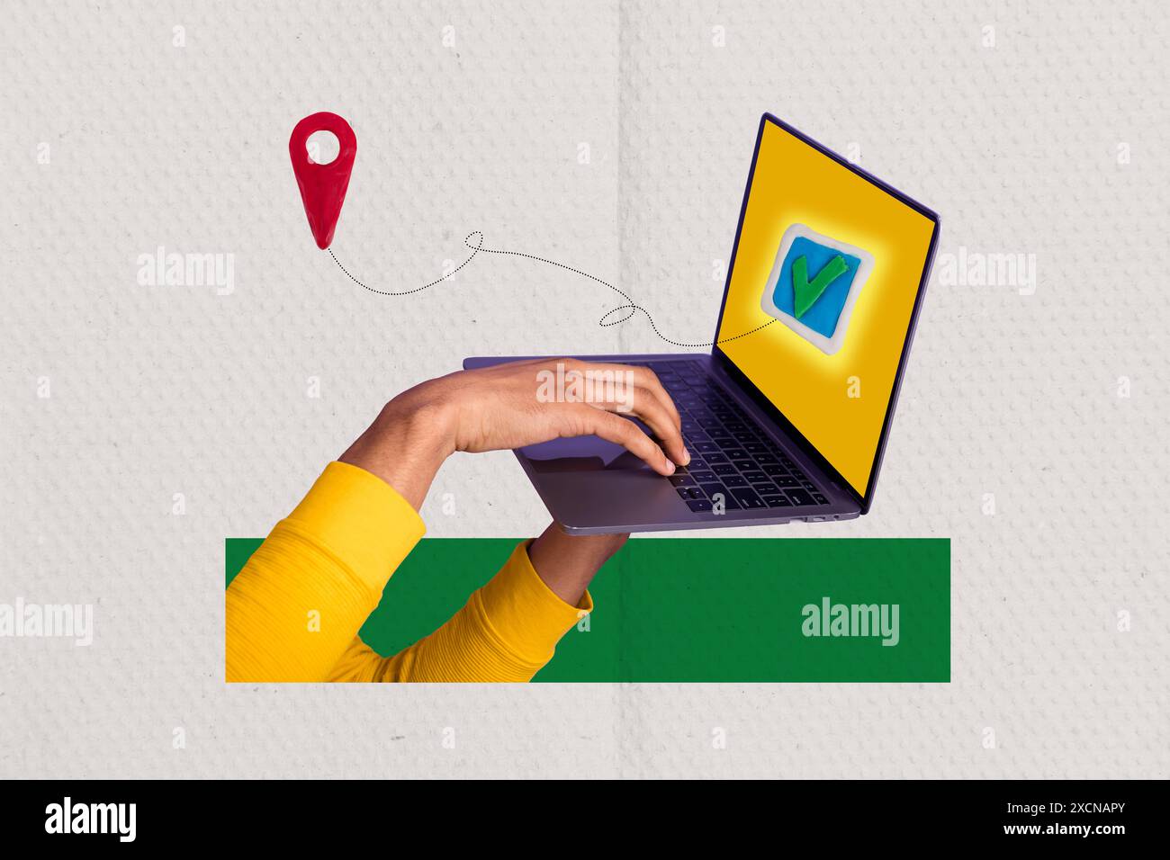 Creative collage of hands hold laptop typing gps geologation navigation ...