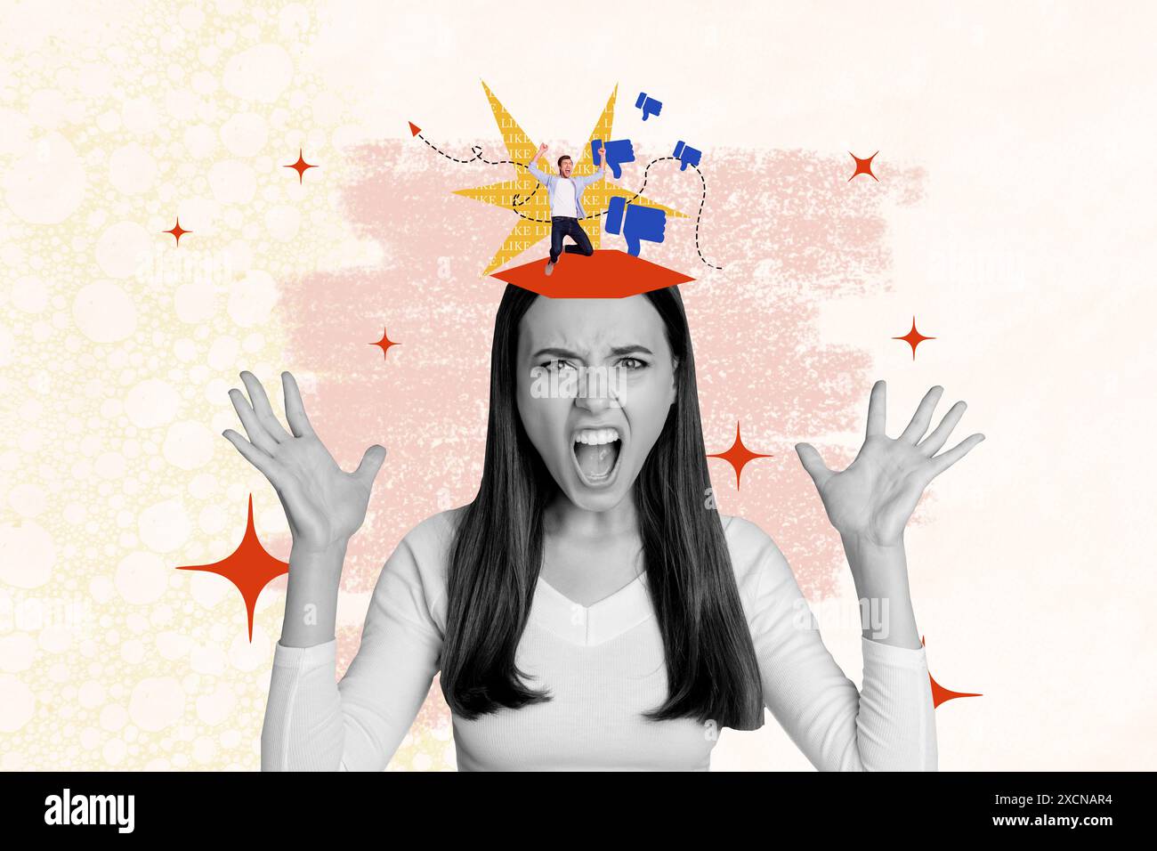 Creative trend collage of angry stressed female unpopular female scream ...