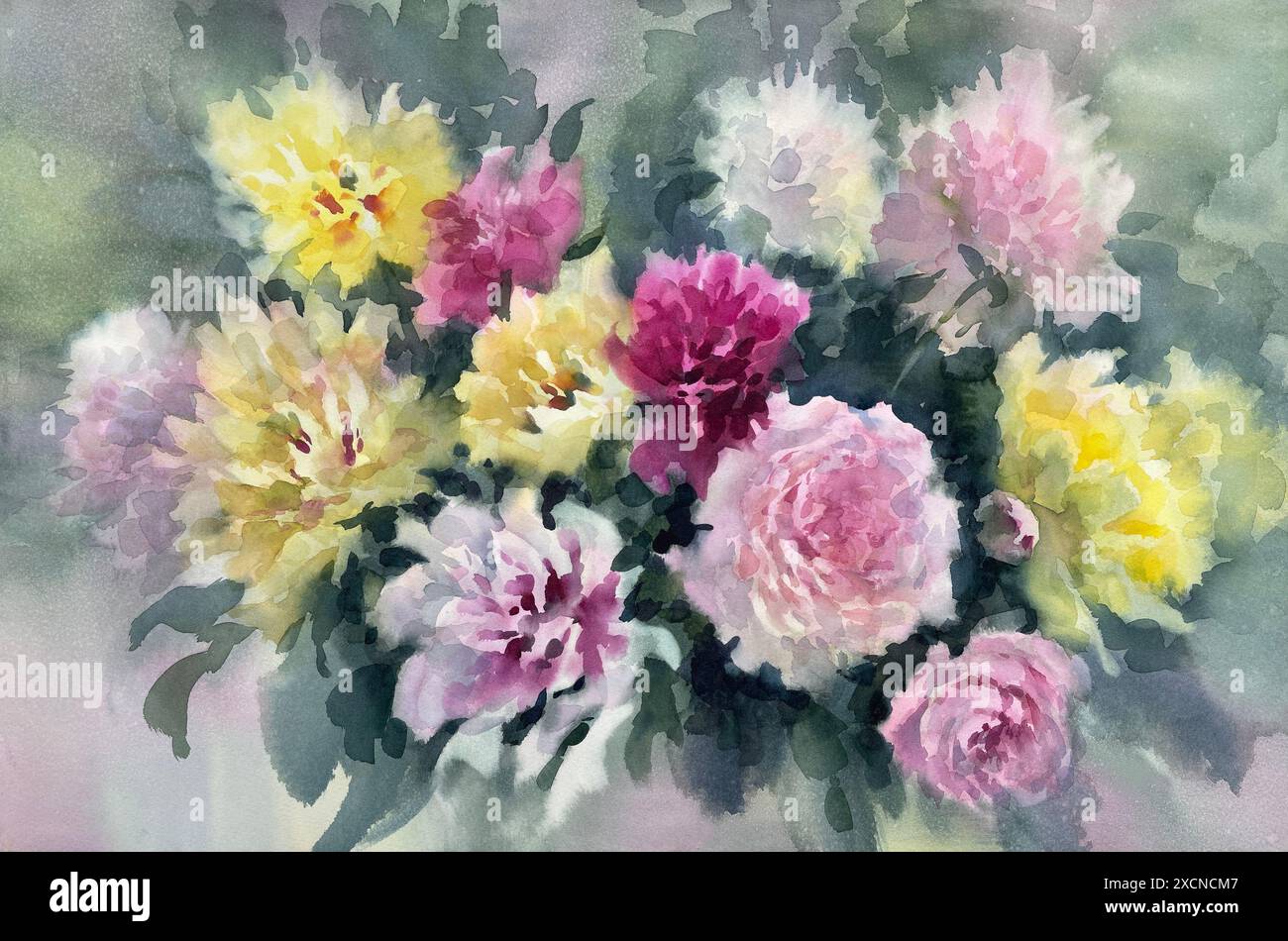 A bouquet of color peonies watercolor background Stock Photo - Alamy