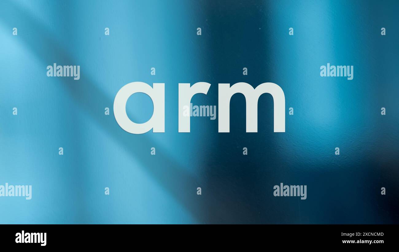May 30th 2024, logo of arm company on a blue glass. Blurred indoor in ...