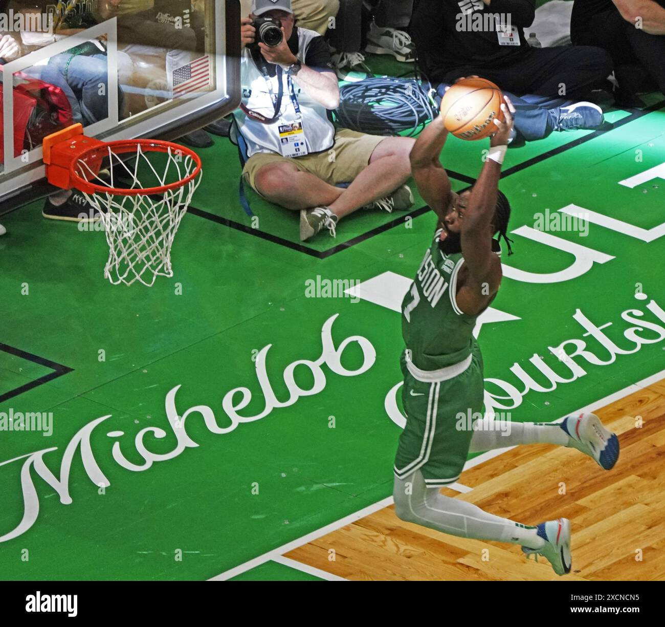 Boston, USA. 17th June, 2024. Jaylen Brown of Boston Celtics dunks ...