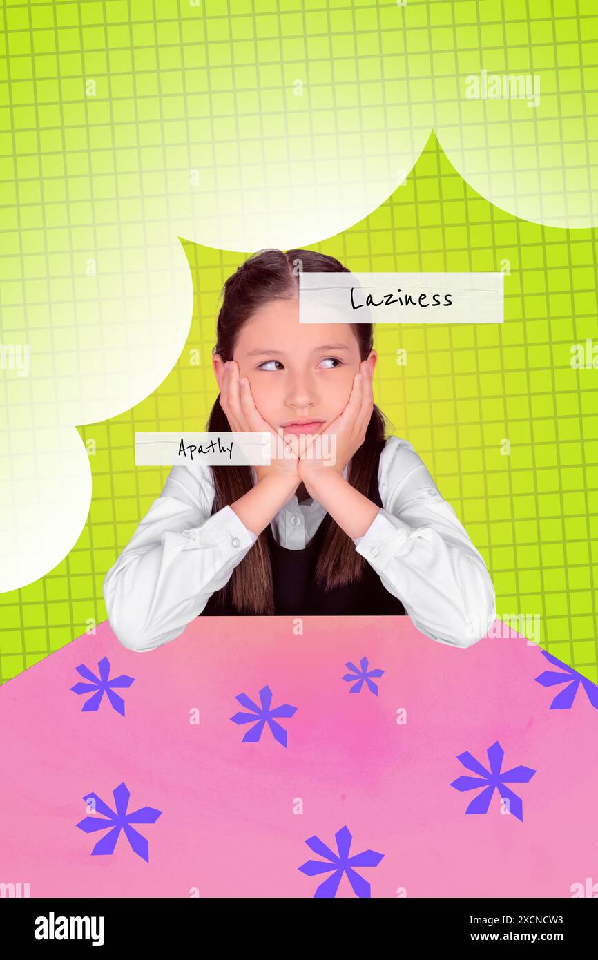 Vertical photo collage of upset stressed schoolgirl unproductive ...