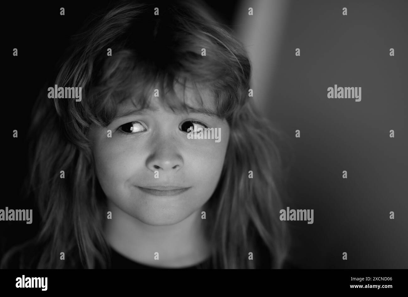 Child imagining idea concept. Portrait of funny blonde kid. Close-up ...