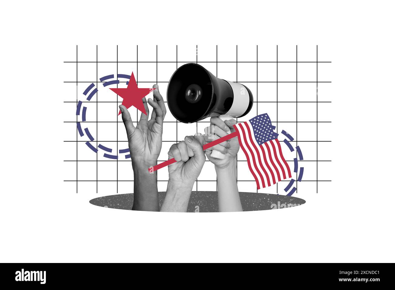 Composite collage image of hands hold megaphone national independence ...