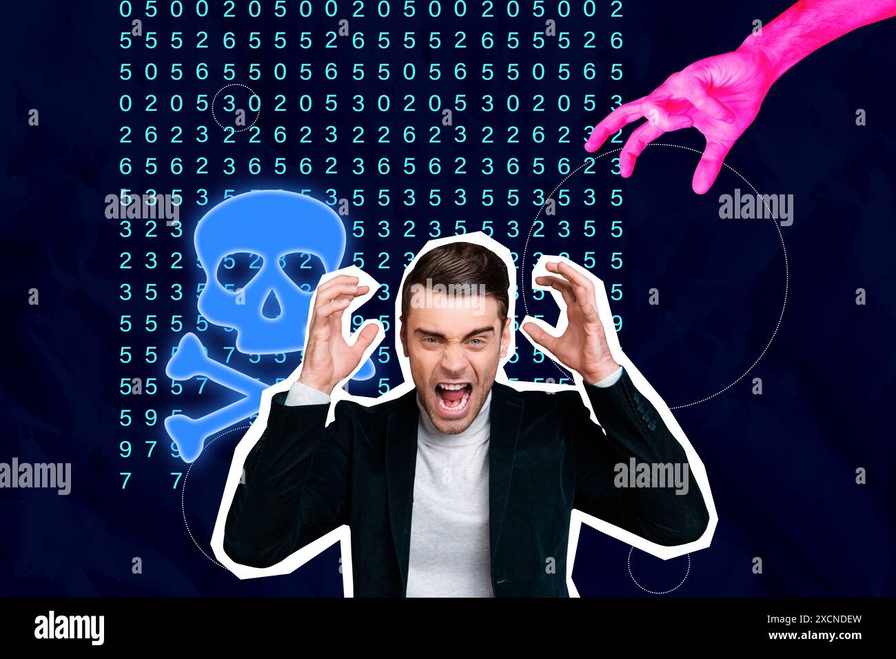 Creative collage of sad frightened angry man scream hand catch skeleton ...