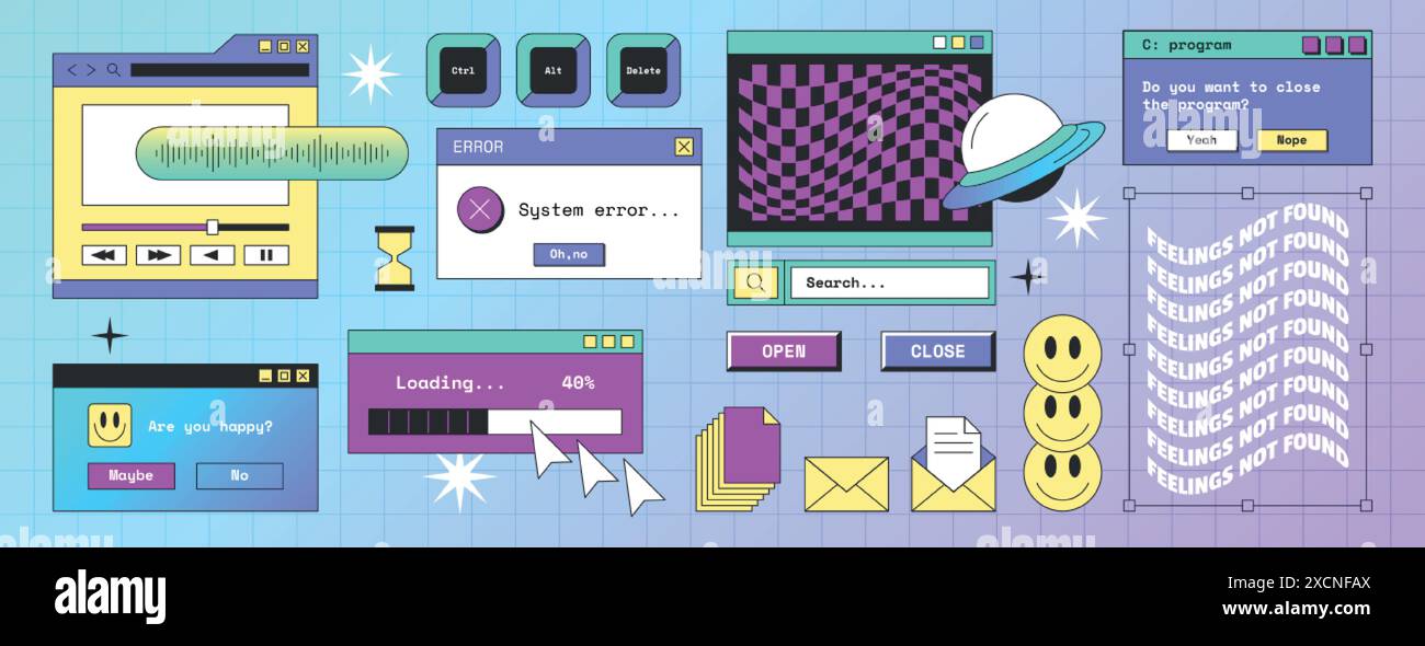 Old aesthetic pc elements in y2k style. Vector set of retro computer interface, digital screen ...