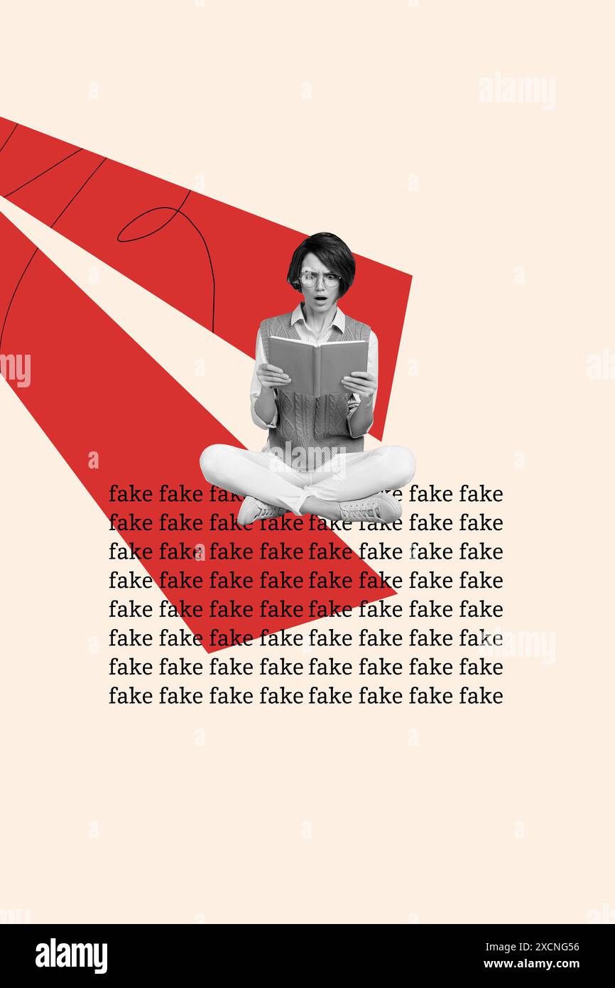 Creative collage of female read book fake information falsification ...