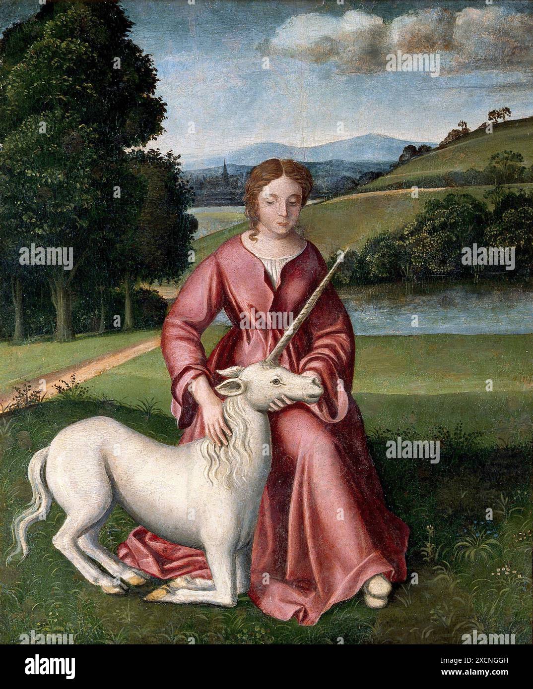 Die Keuschheit. Jungfrau, Junge Frau mit einem Einhorn auf der Wiese ...