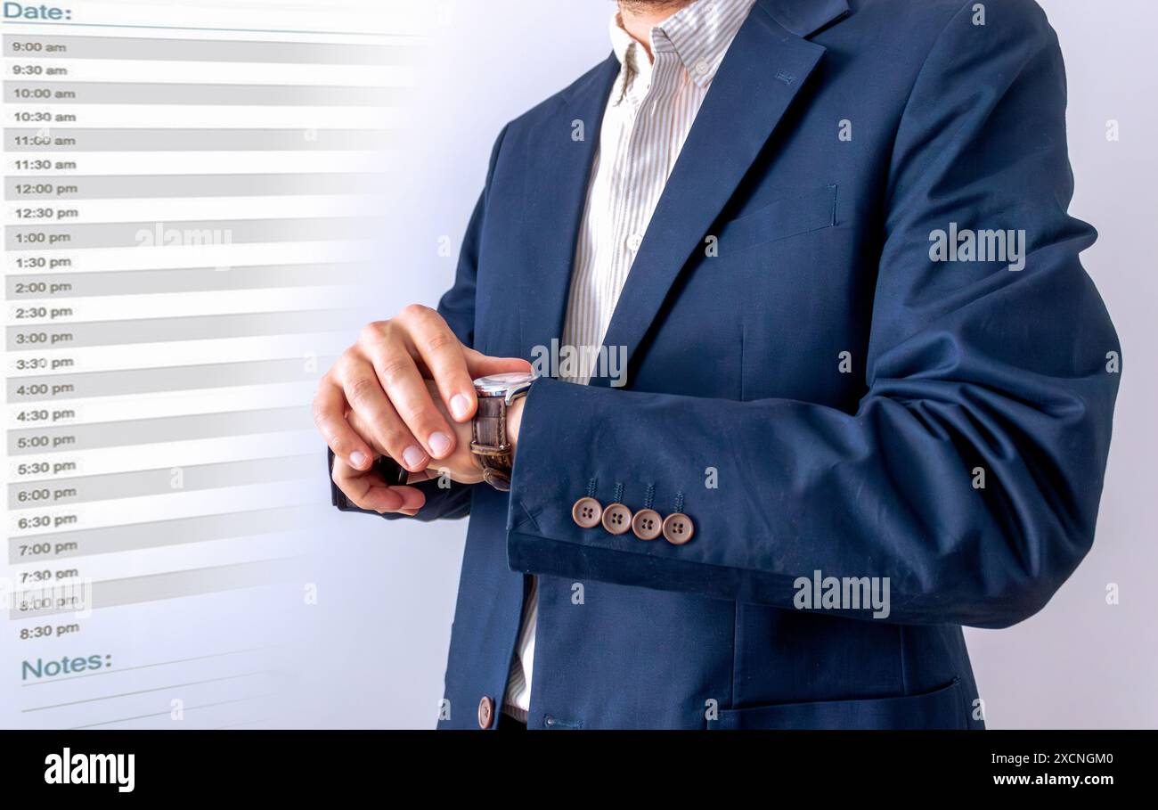 businessman looking at classic wristwatch, time management concept ...