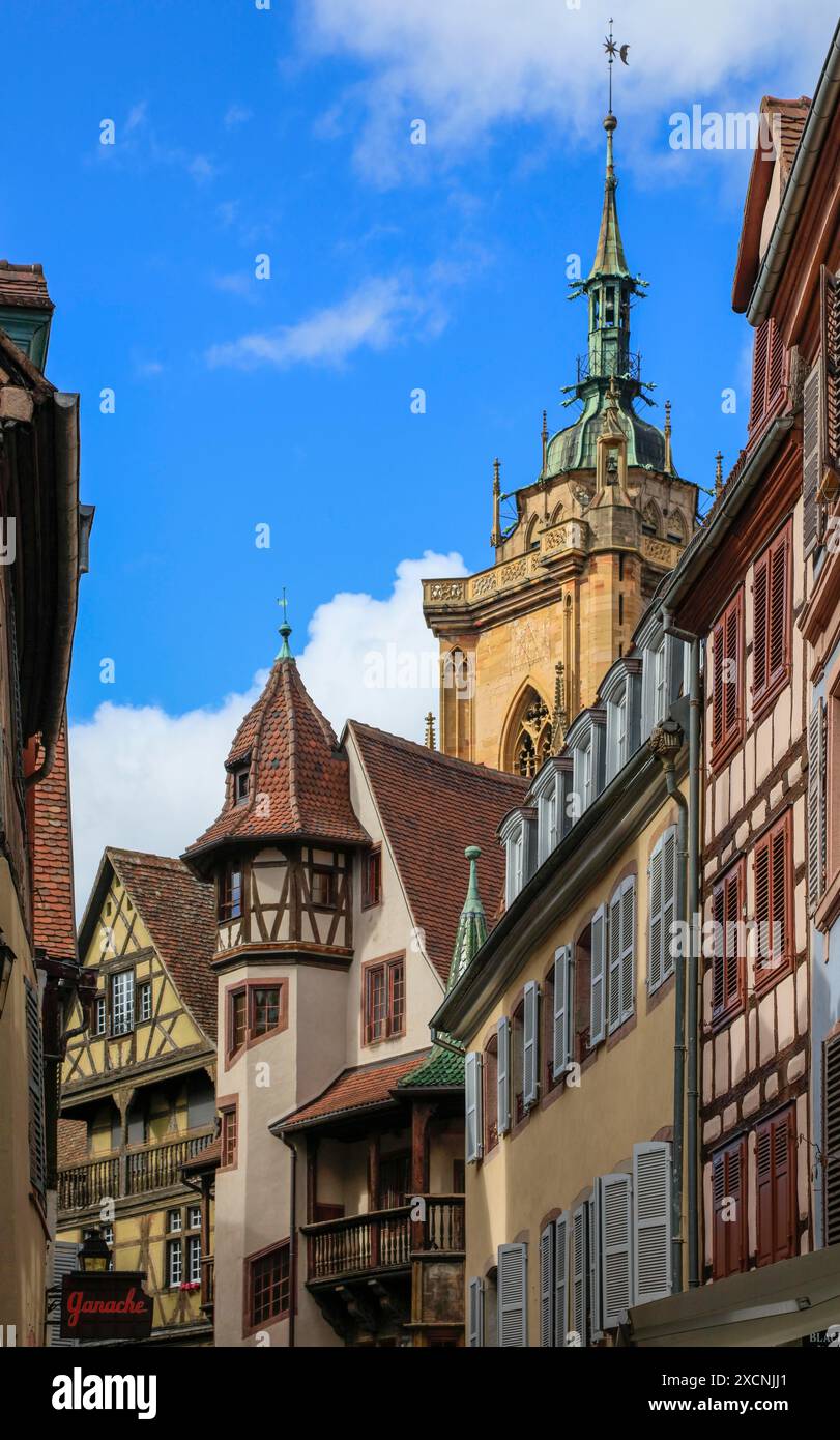 Maison Pfister and tower of St Martin's Cathedral, old town centre of ...