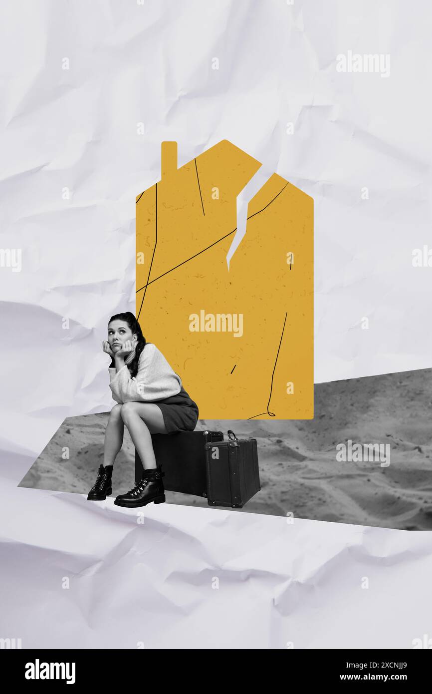 Creative trend collage of sad female broken house homeless refugee ...