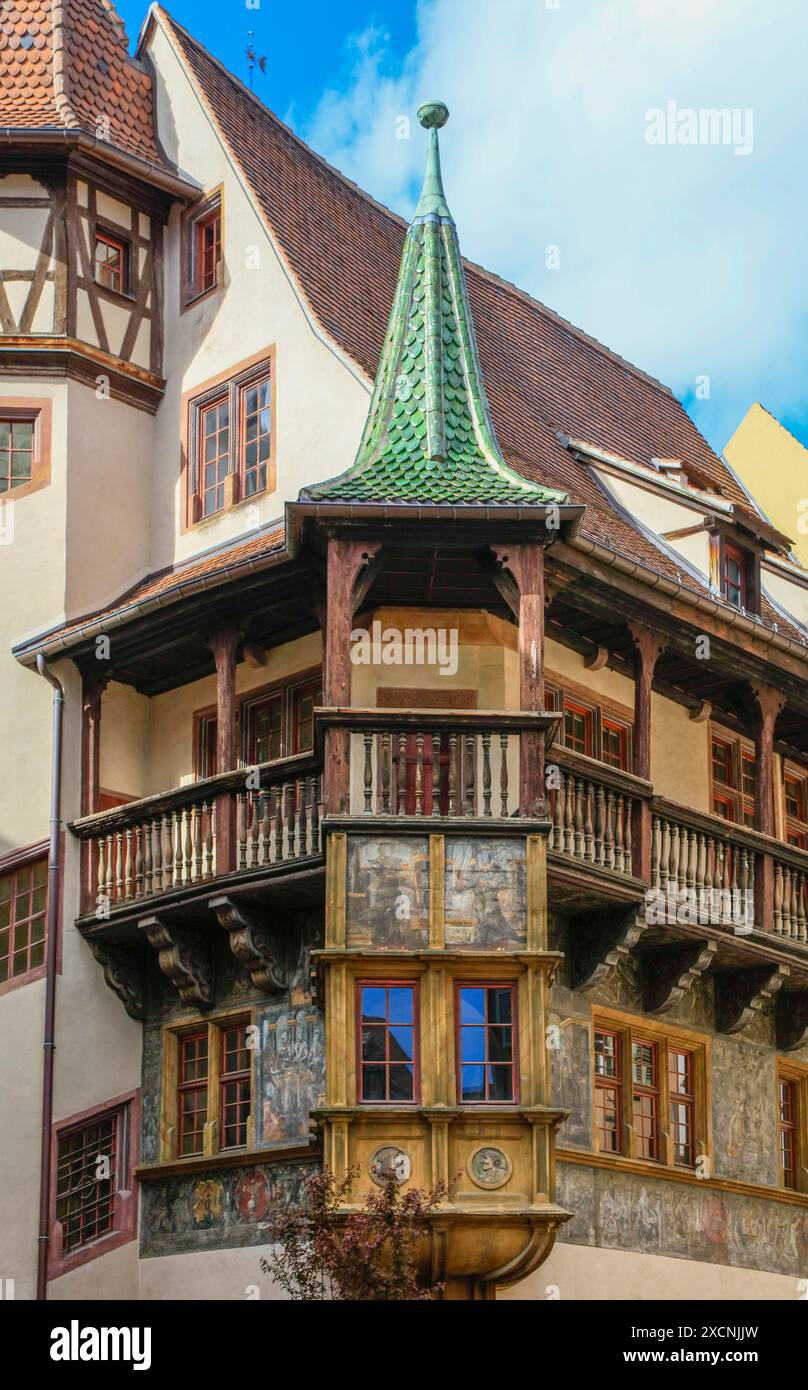 Maison Pfister with bay window and balcony, old town centre of Colmar ...