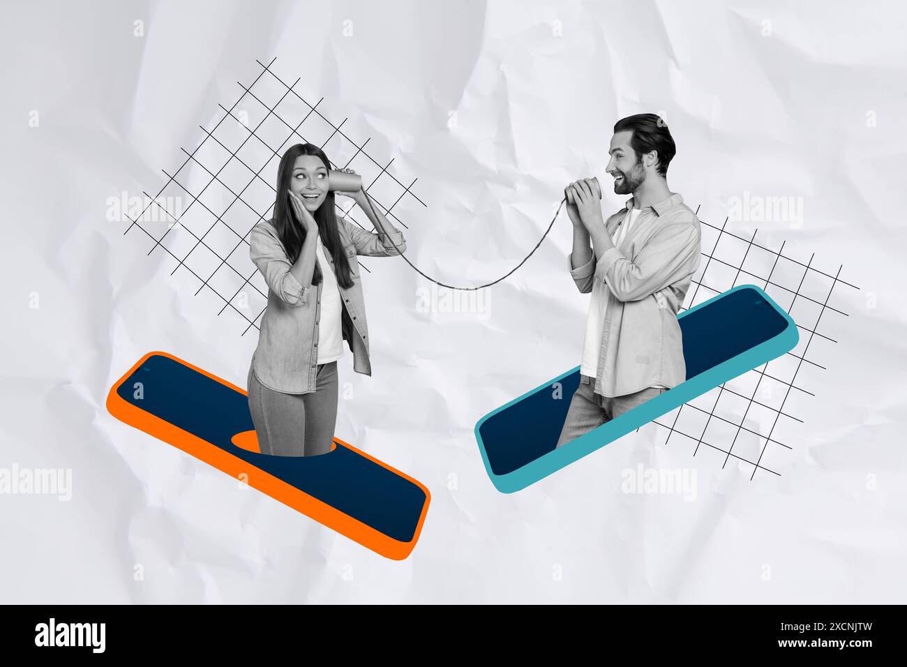 Creative trend collage of funny couple friends telephone connection ...