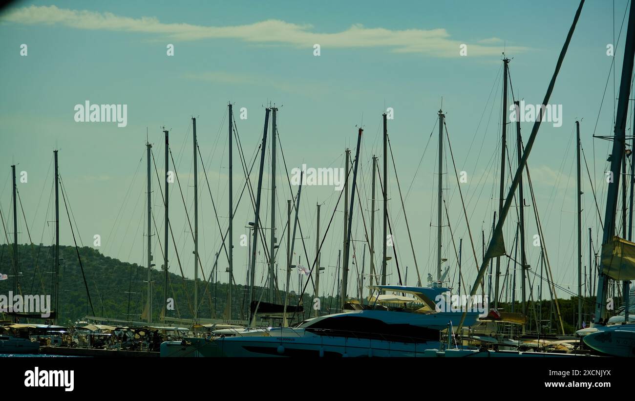 A large number of boats are docked at a marina. The boats are of ...