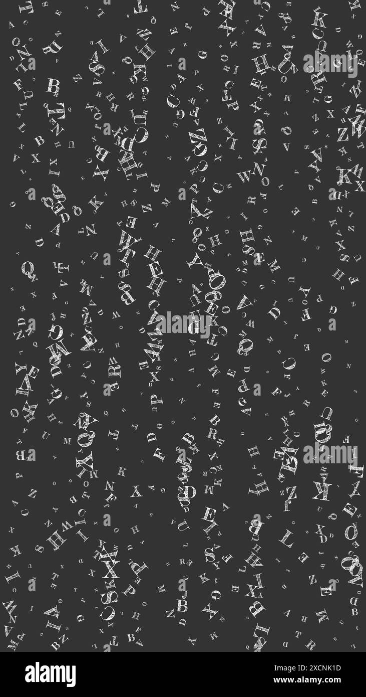 Scattered letters of latin alphabet. White chalk floating characters of ...